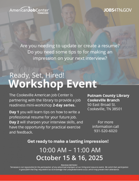 Ready, Set, Hired – Wed, Oct 15, 2025 10:00am – 11:00am @ Putnam County ...