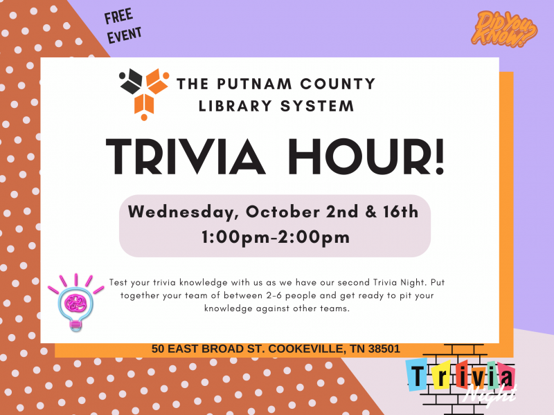 Trivia Hour! – Wed, Oct 16, 2024 1:00pm – 2:00pm @ Putnam County ...